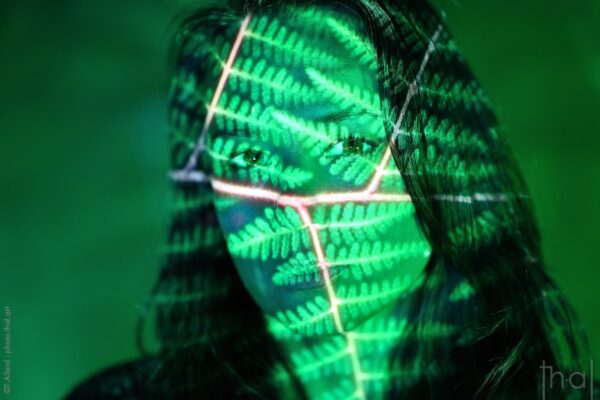 An artistic photo portrait session with video projection